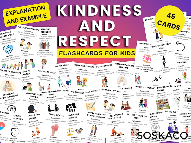 Kindness & Respect Flashcards for Kids, Social Skills Worksheet ...