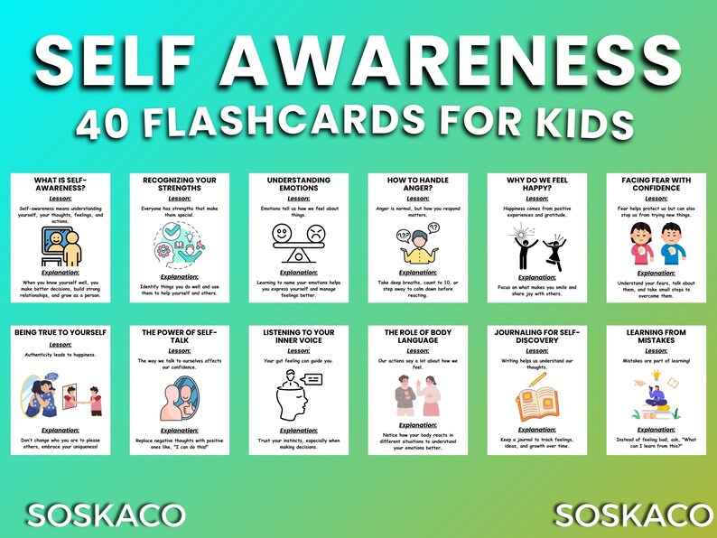 Self Awareness Flashcards for Kids, Build Confidence Cards, Emotional ...