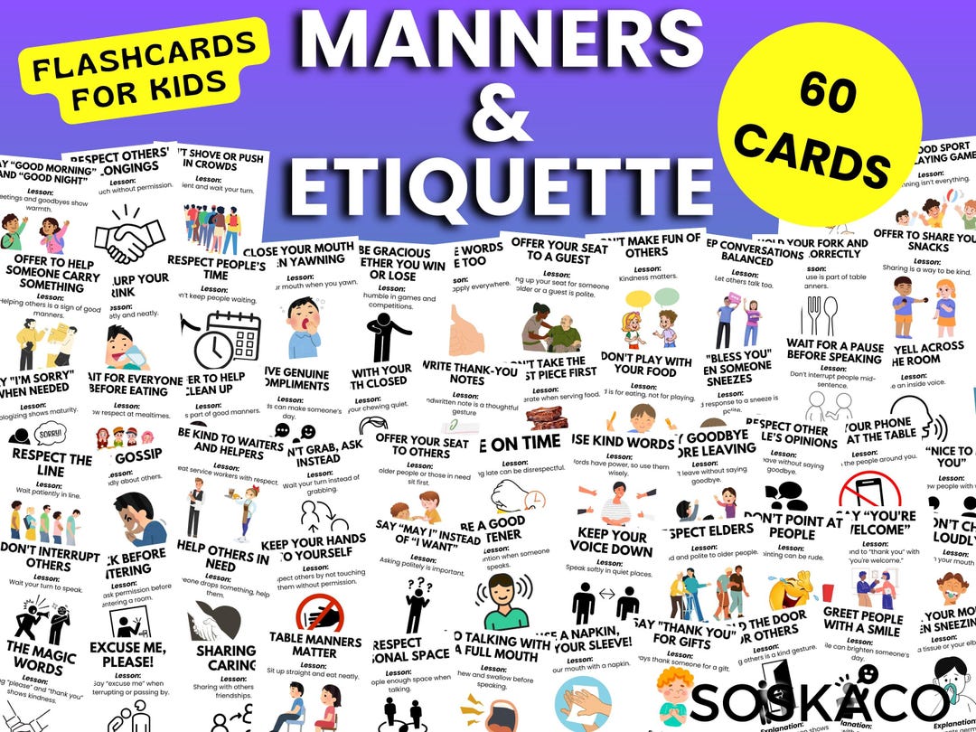 60 Manners and Etiquette Flashcards, Teach Kids Politeness, Social ...