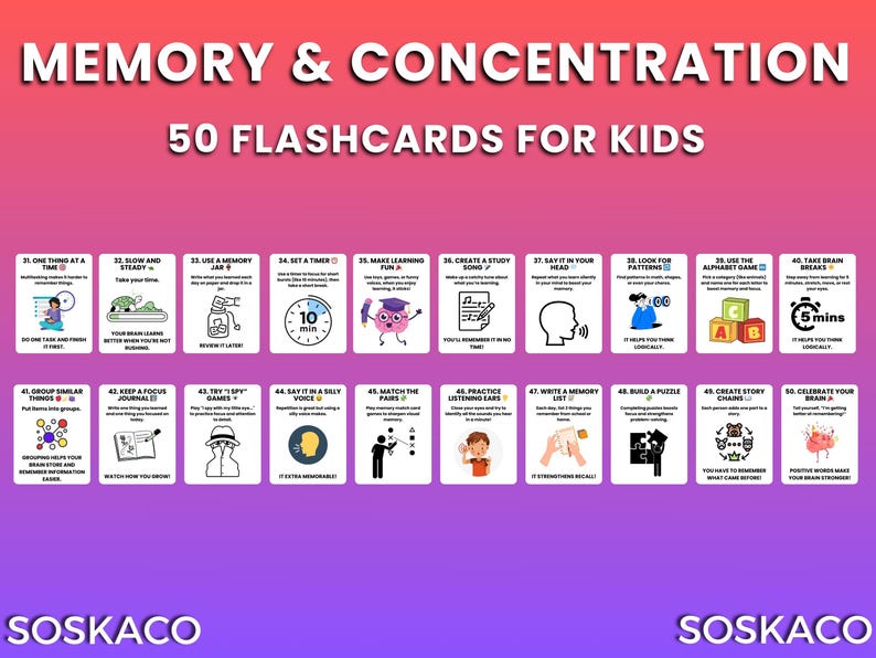 Memory & Focus Flashcards: Fun Learning Games for Kids (printable Cards ...