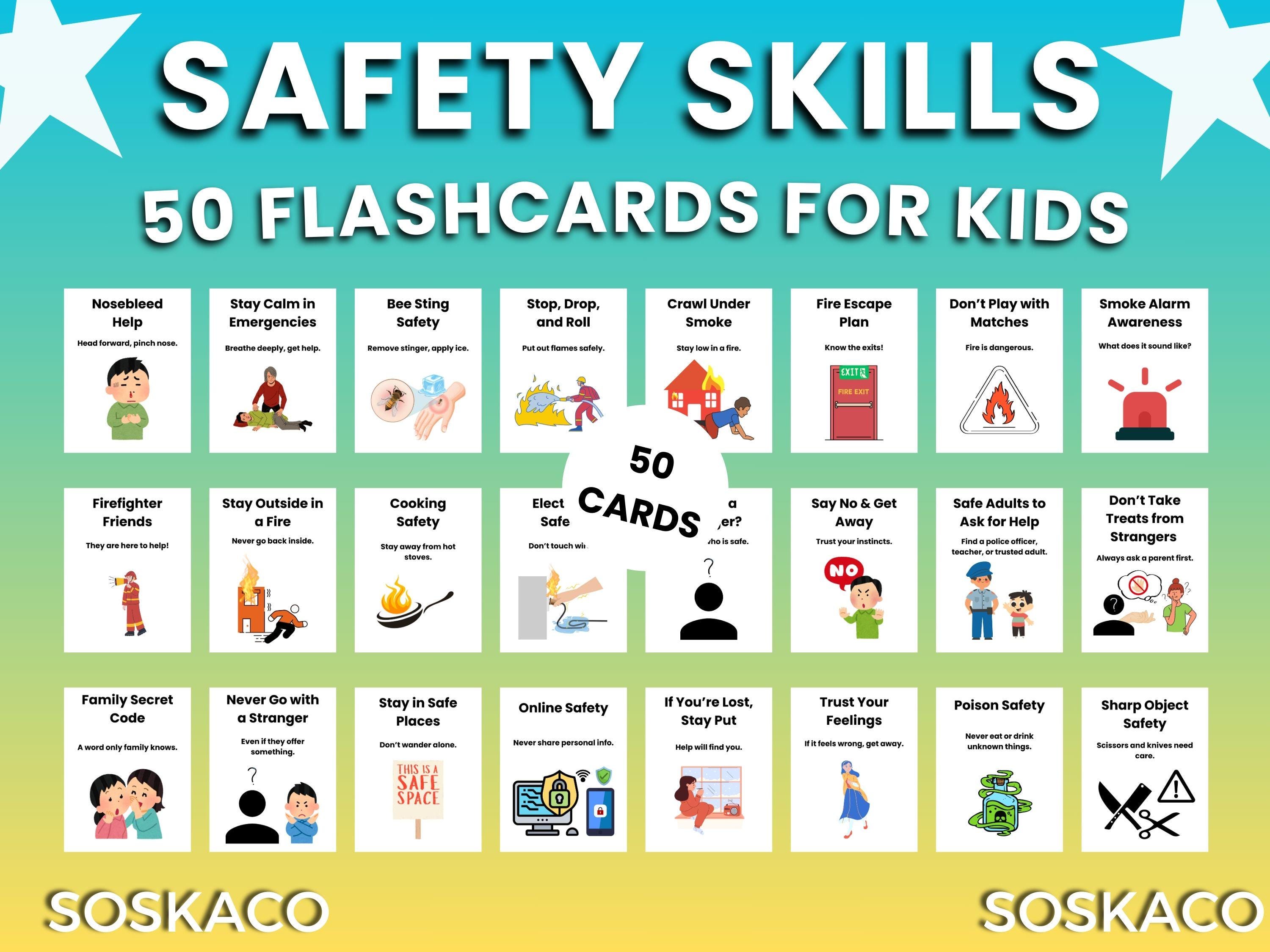 Safety Skills Flashcards for Kids, First Aid Kit, Safety Sign Emergency ...