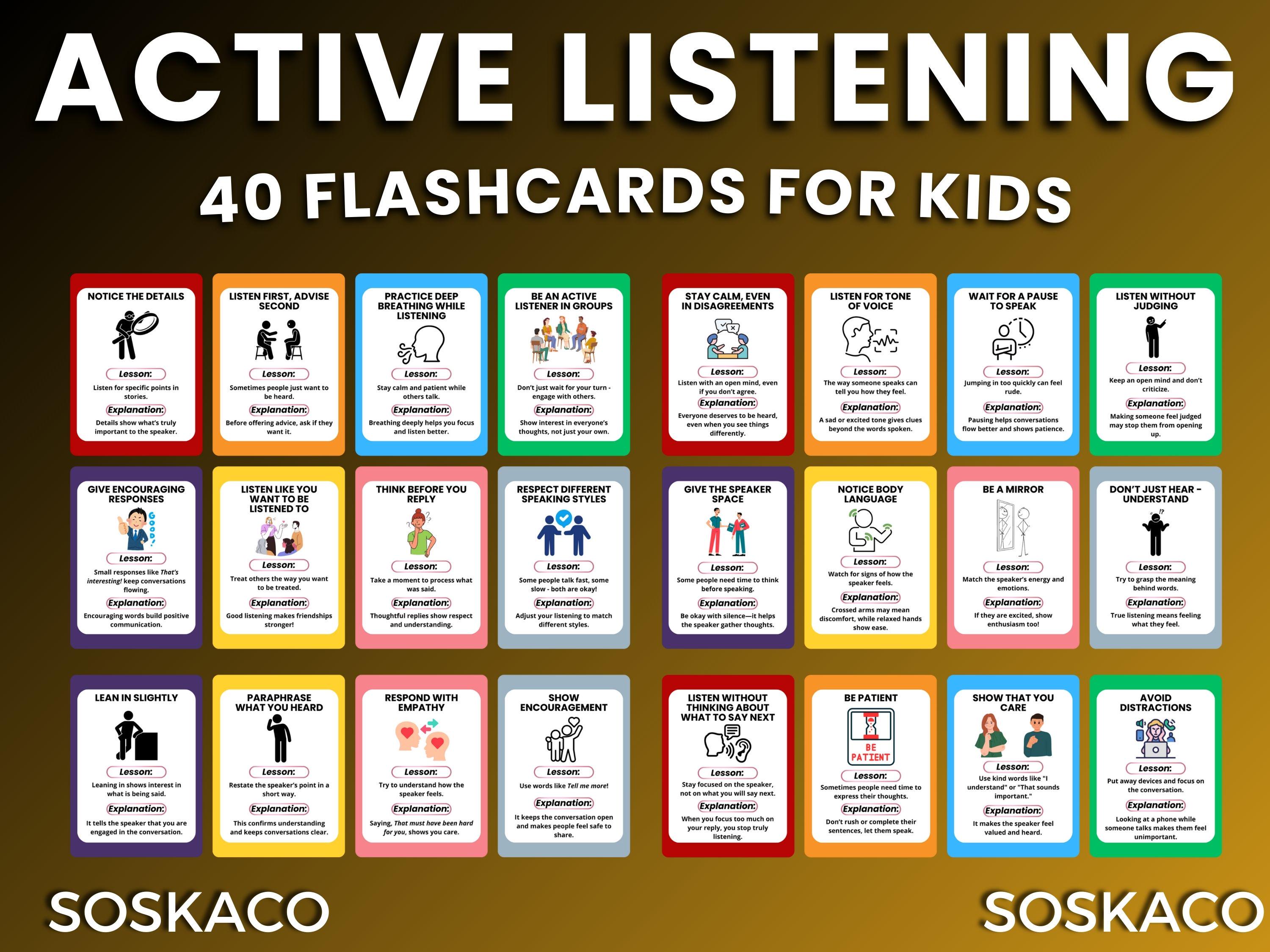 Active Listening Flashcards for Kids, Activities Build Communication ...
