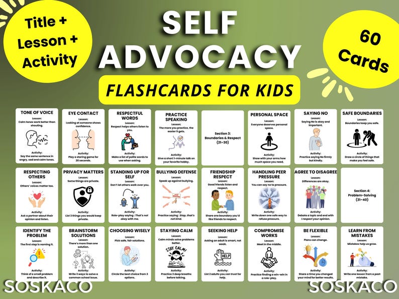 Self Advocacy Flashcards for Kids, Self Confidence Workbook, Emotional ...