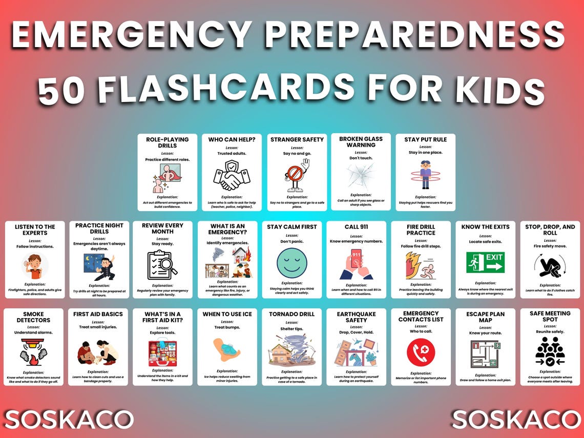 Emergency Preparedness Flashcards for Kids, First Aid, Homeschool ...
