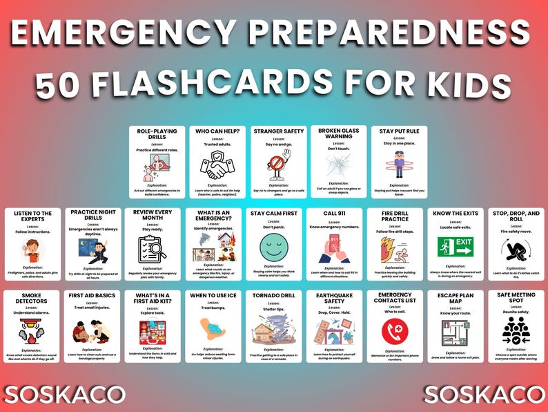 Emergency Preparedness Flashcards for Kids, First Aid, Homeschooler ...