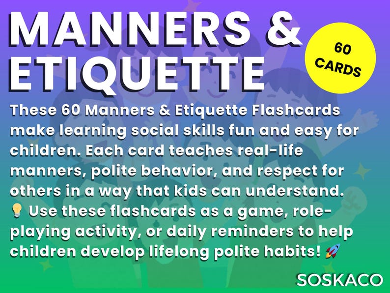 60 Manners and Etiquette Flashcards, Teach Kids Politeness, Social ...