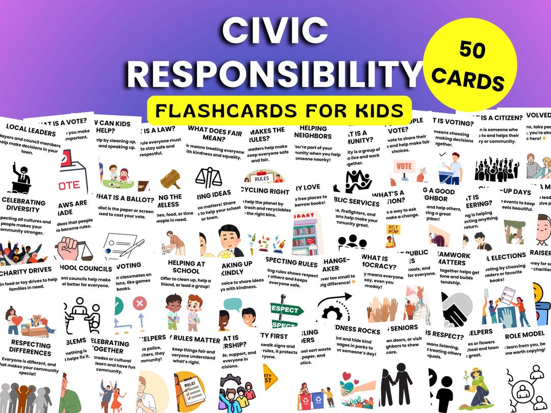 Civic Responsibility Flashcards for Kids, Responsibility Card ...