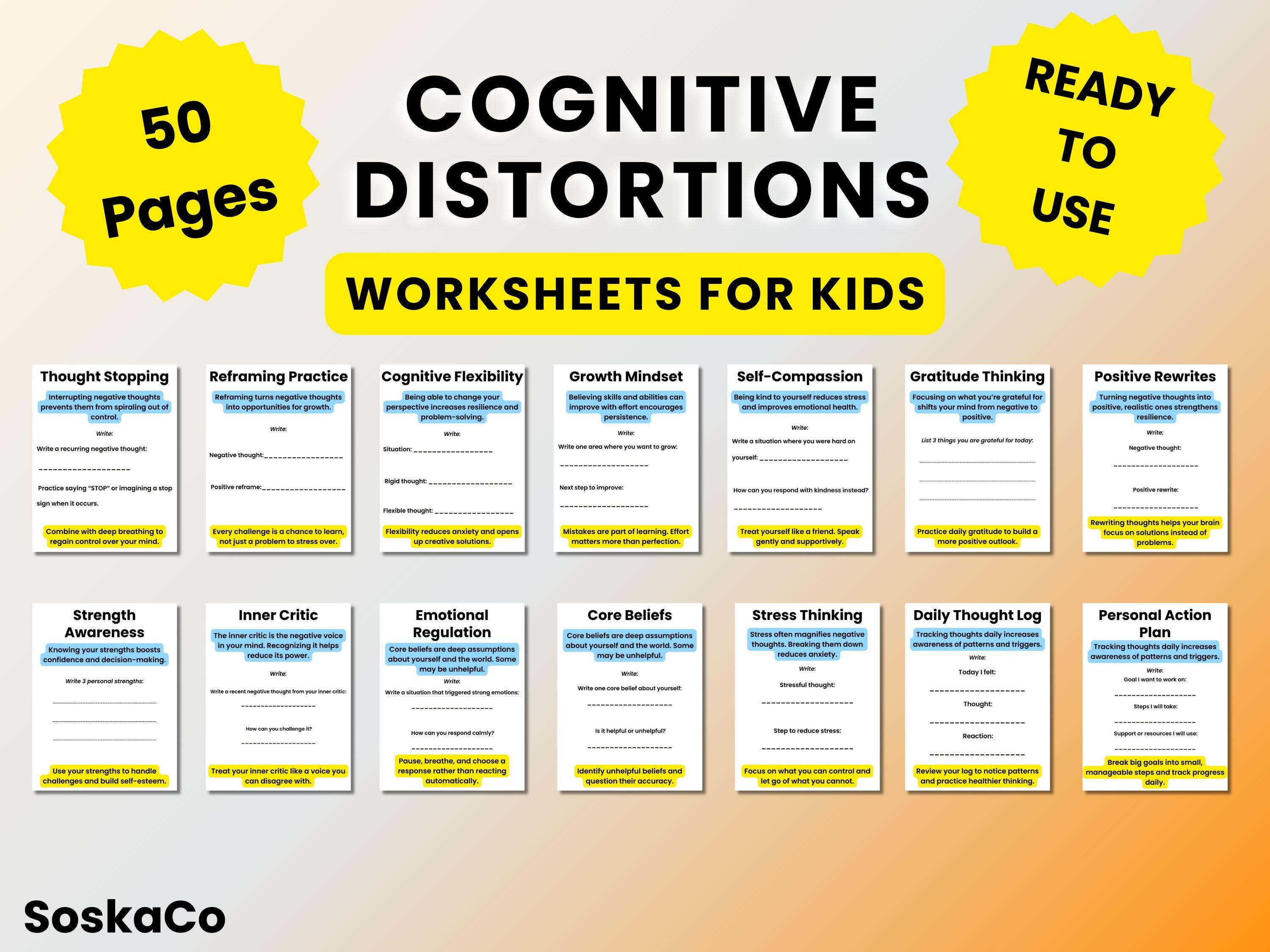 Cognitive Distortions Worksheets for Kids, Therapy Worksheets Mental ...