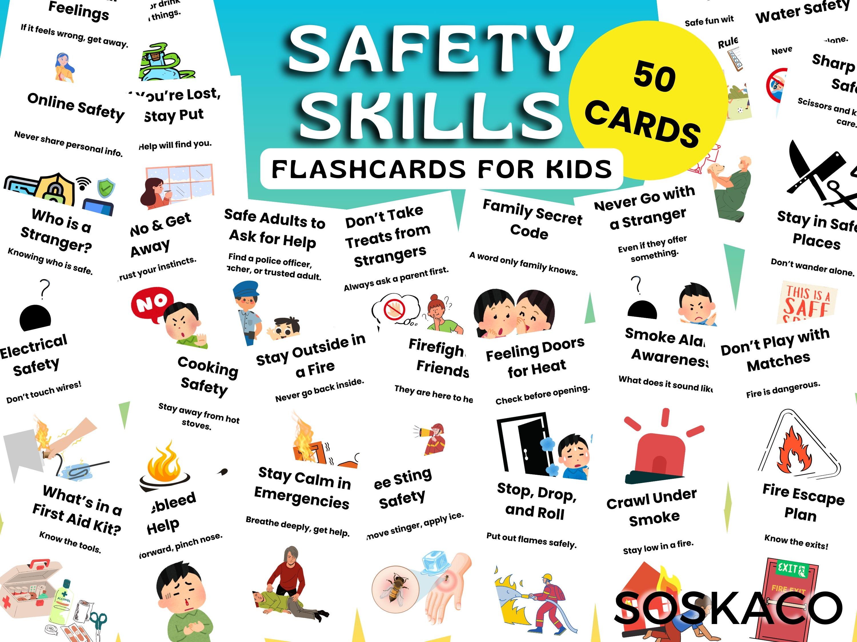 Safety Skills Flashcards for Kids, Learning on First Aid Kit, Emergency ...