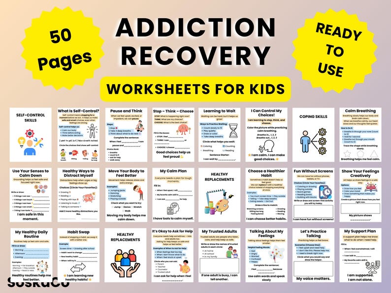 Addiction Recovery Worksheets for Kids, Emotional Regulation Printable ...