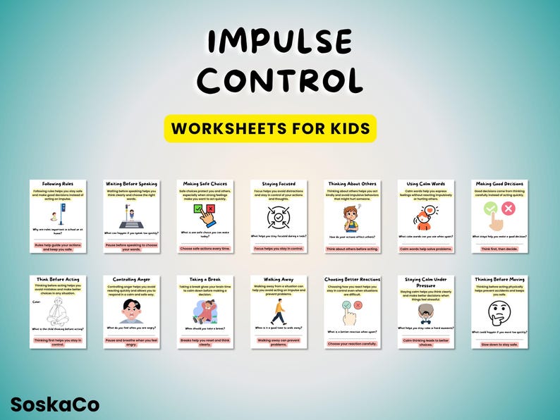 Impulse Control Worksheets for Kids, SEL Activities & Flashcards, Self ...