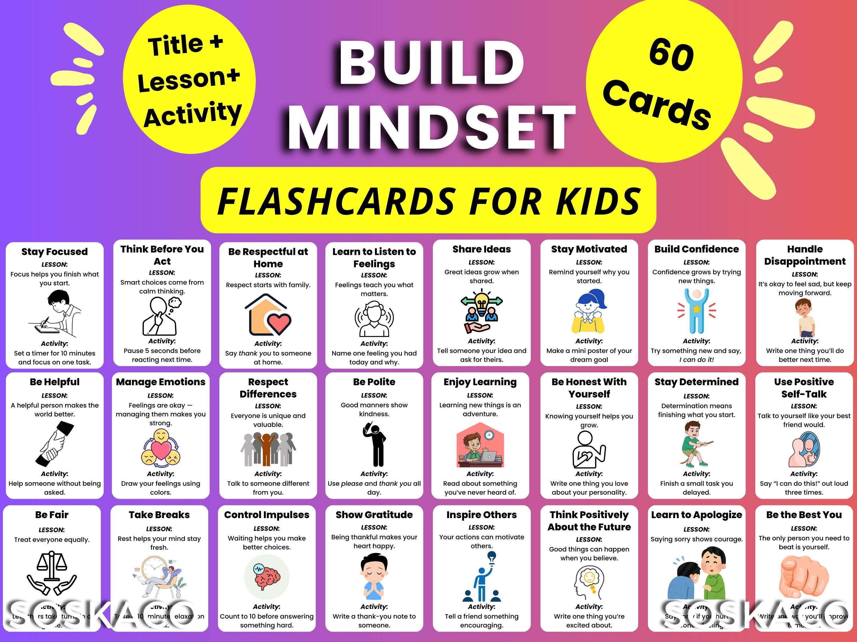 Build Mindset Flashcards for Kids, Positive Affirmation, Growth Mindset ...