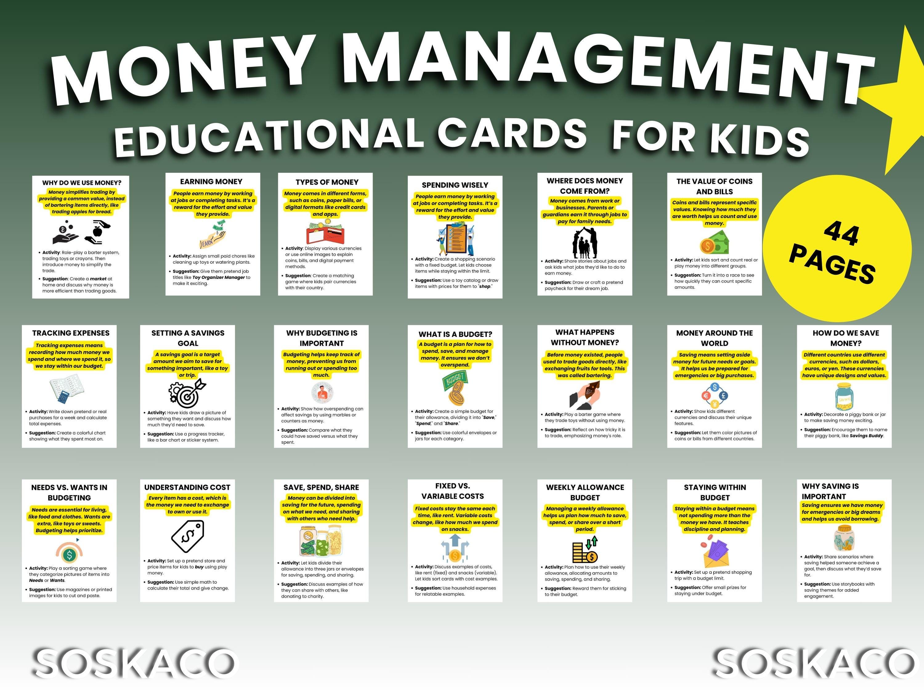 Money Management Flashcards for Kids, Budgeting & Saving (printable PDF ...
