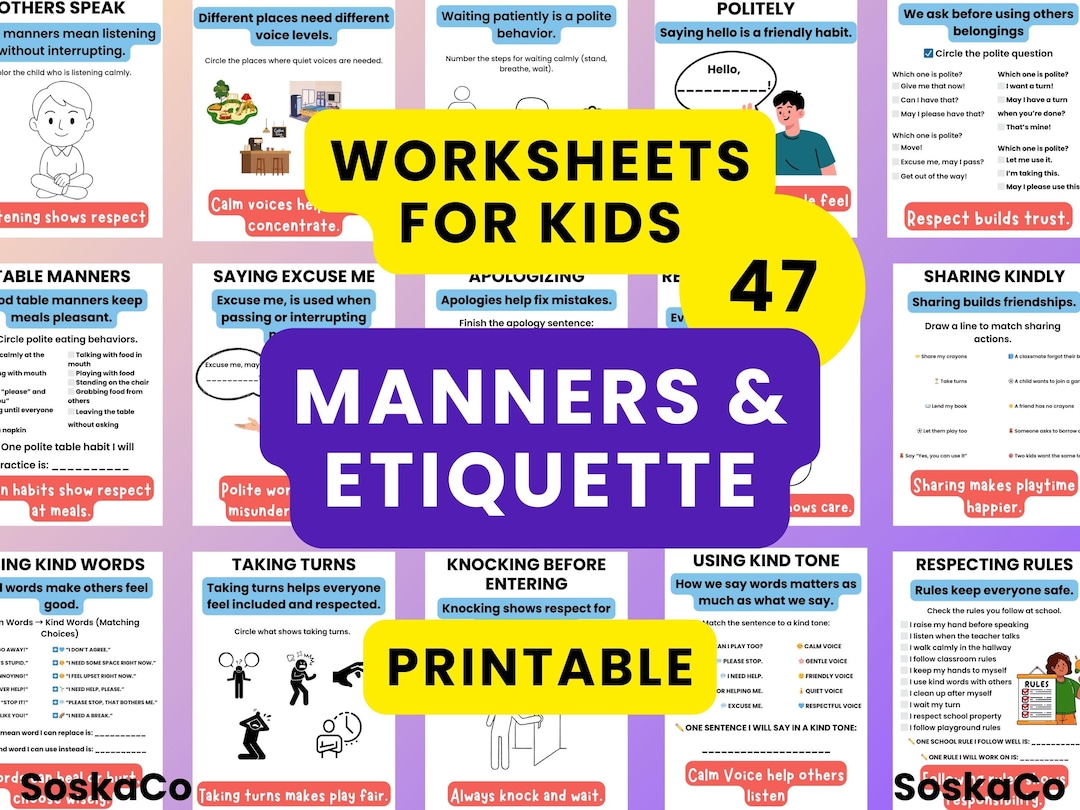 Manners and Etiquette Worksheets for Kids, Social Skills, Polite ...