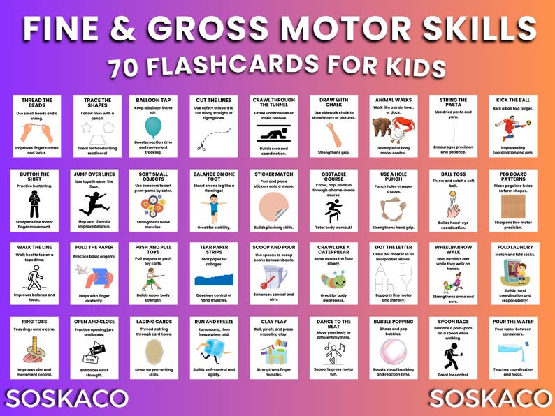 Fine and Gross Motor Skills Flashcards for Kids, Activities for ...