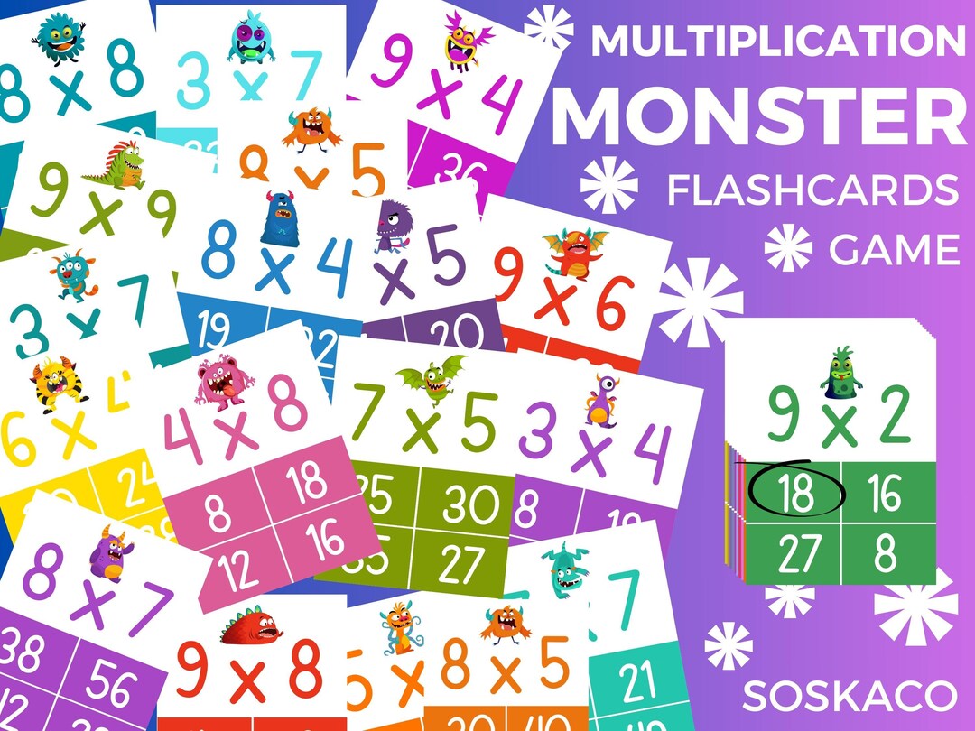 Multiplication Flashcards for Kids, Monster Math Facts, Multiplication ...