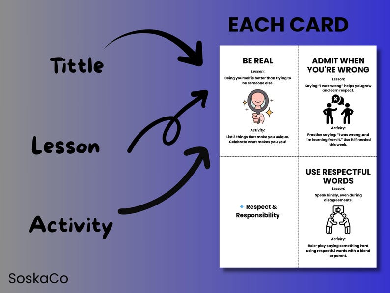 Character Values and Responsibility Flashcards for Kids, Social Skills ...