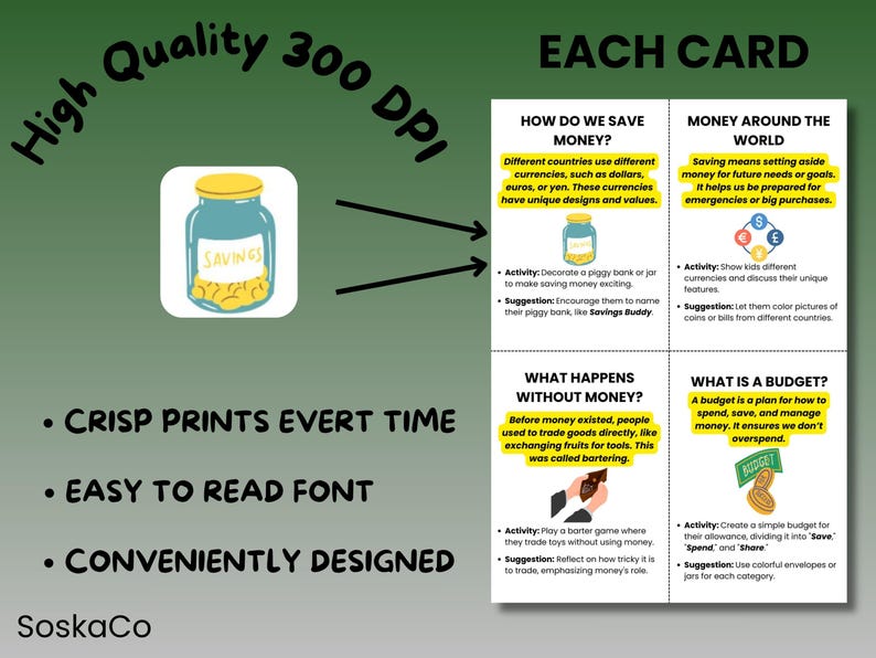 Money Management Flashcards for Kids, Budgeting & Saving (printable PDF ...