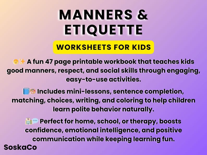 Manners and Etiquette Worksheets, Polite Behavior Workbook, Manners for ...