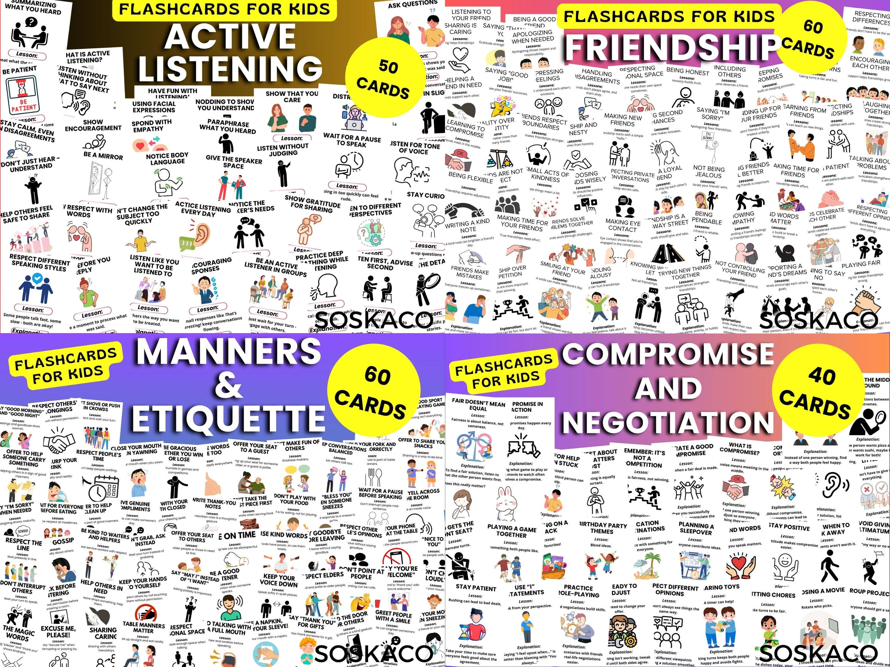Social Skills Flashcards Bundle for Kids, Active Listening Skills ...