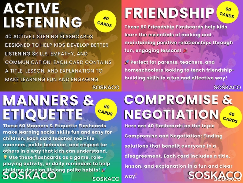 Social Skills Flashcards Bundle for Kids, Active Listening, Friendship ...