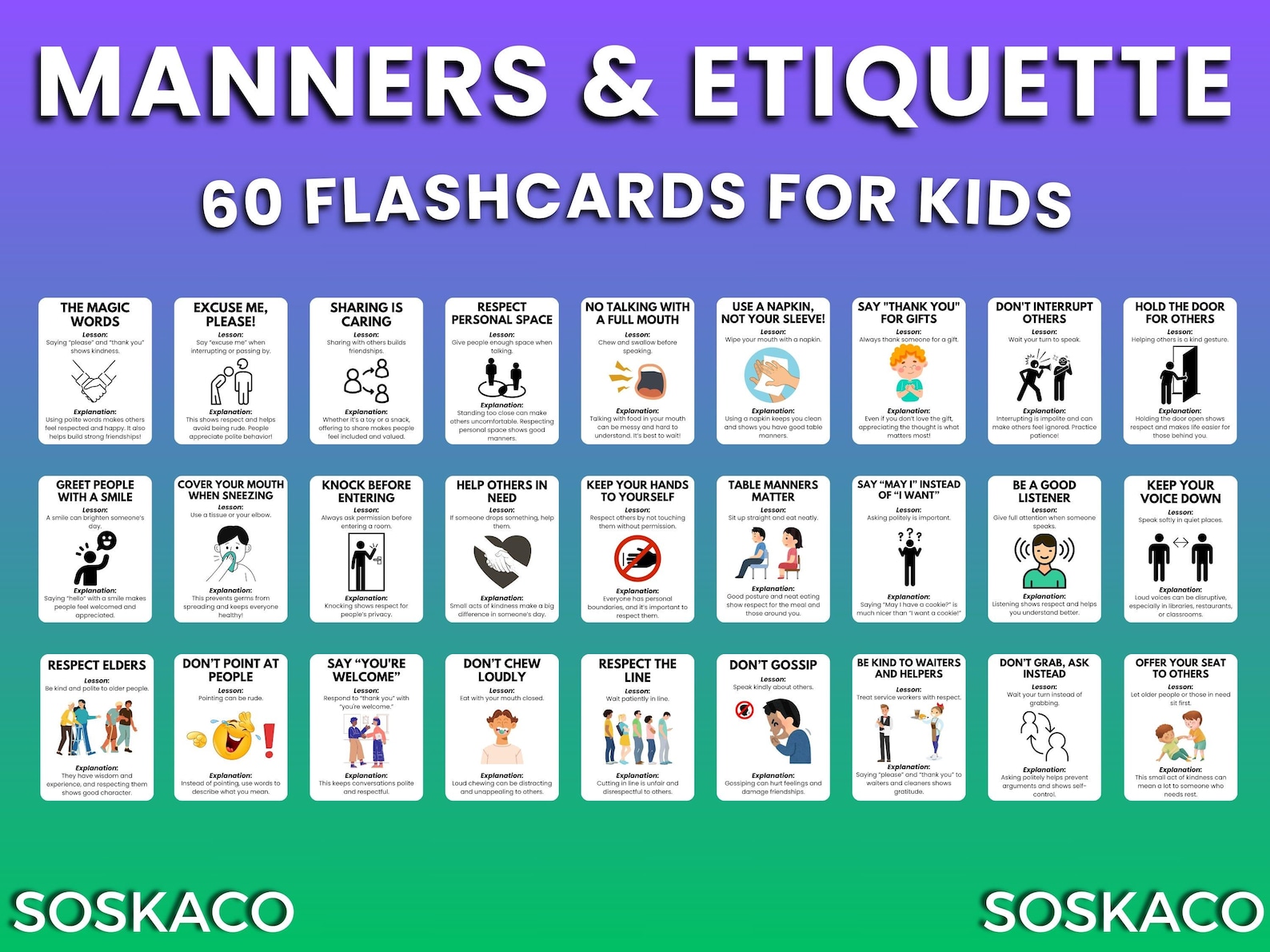 60 Manners and Etiquette Flashcards, Teach Kids Politeness, Social ...