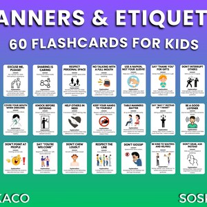 60 Manners and Etiquette Flashcards, Teach Kids Politeness, Social ...