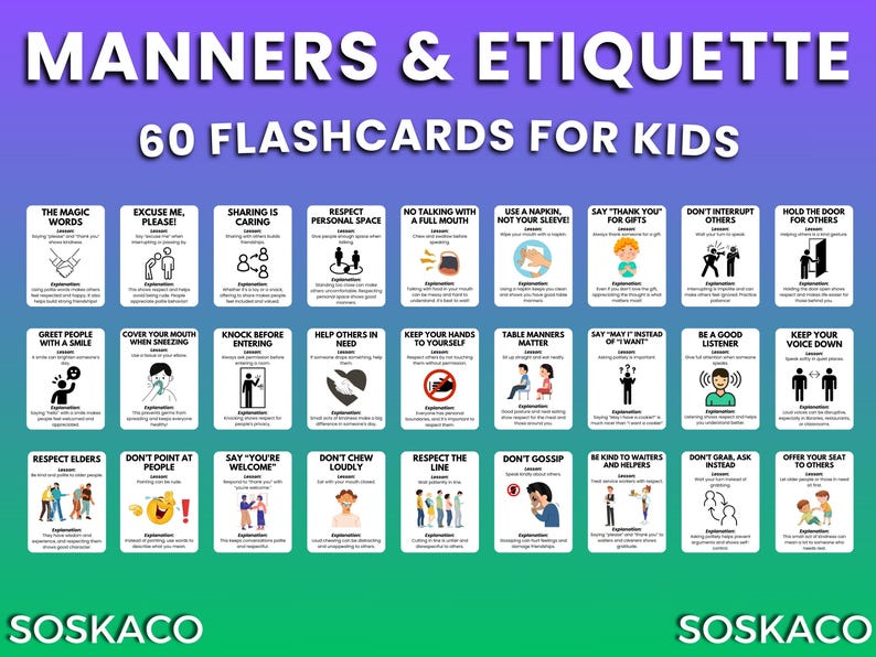 60 Manners and Etiquette Flashcards, Teach Kids Politeness, Social ...