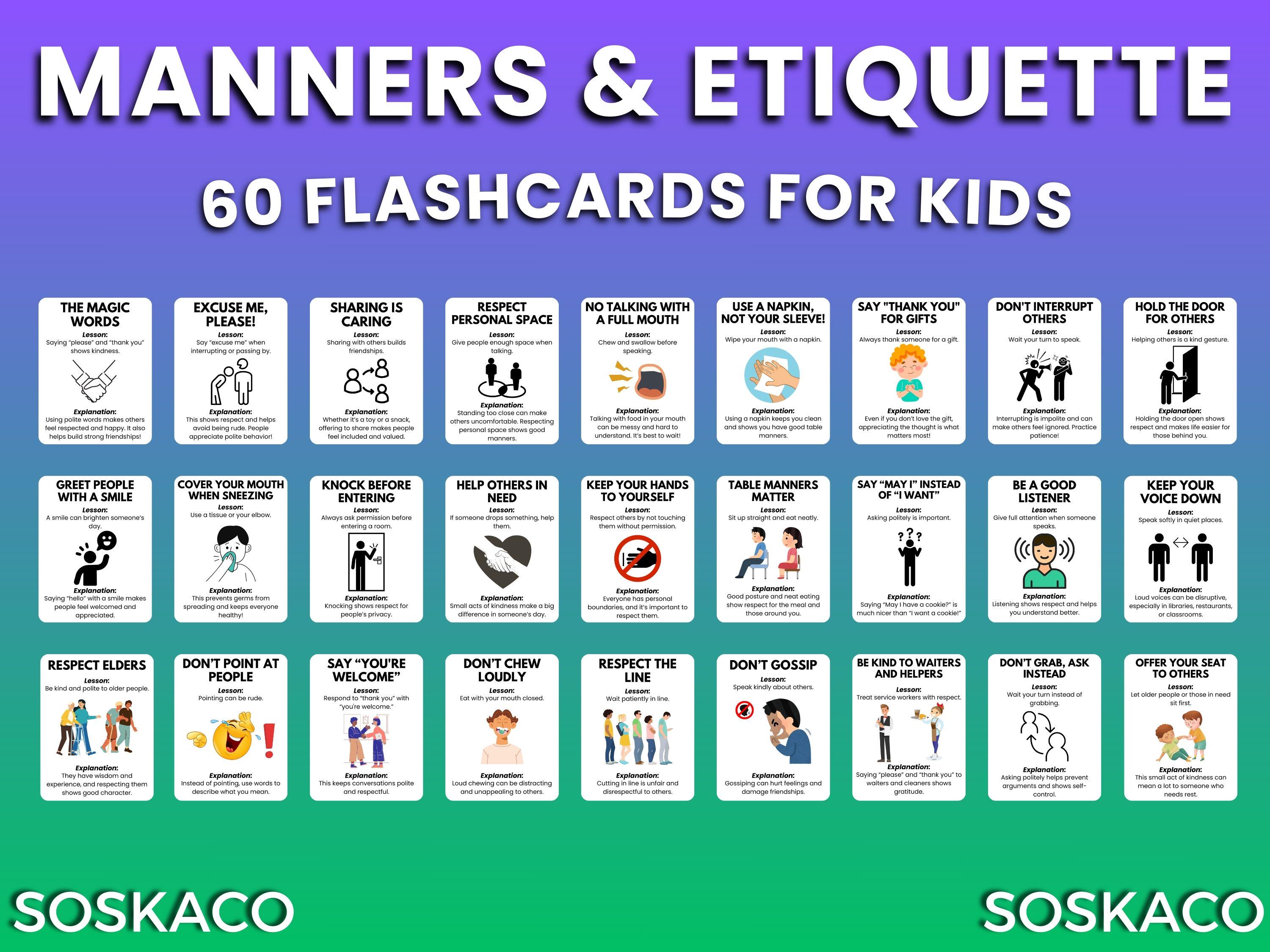 60 Manners and Etiquette Flashcards for Kids, Teach Kids Politeness ...