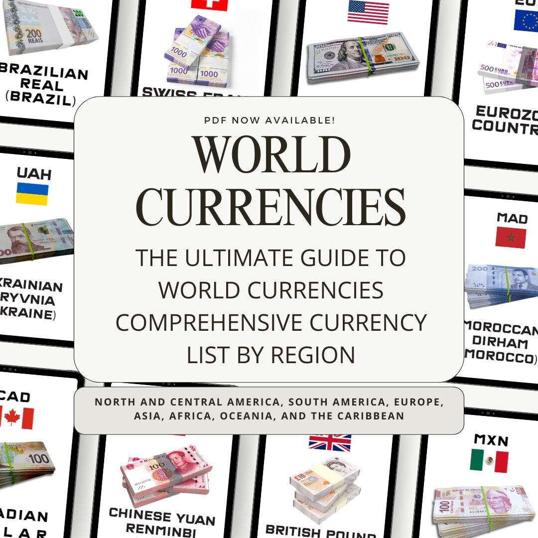 Currency Flashcards, Guide to World Currencies by Region, Instant ...