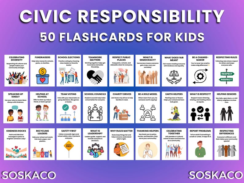 Civic Responsibility Flashcards for Kids, Responsibility Card ...