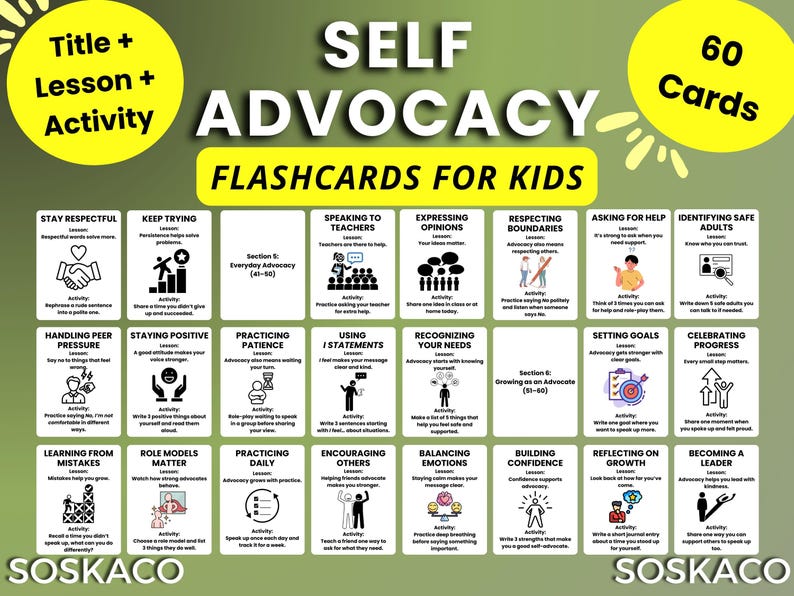 Self Advocacy Flashcards for Kids, Self Confidence Workbook, Emotional ...