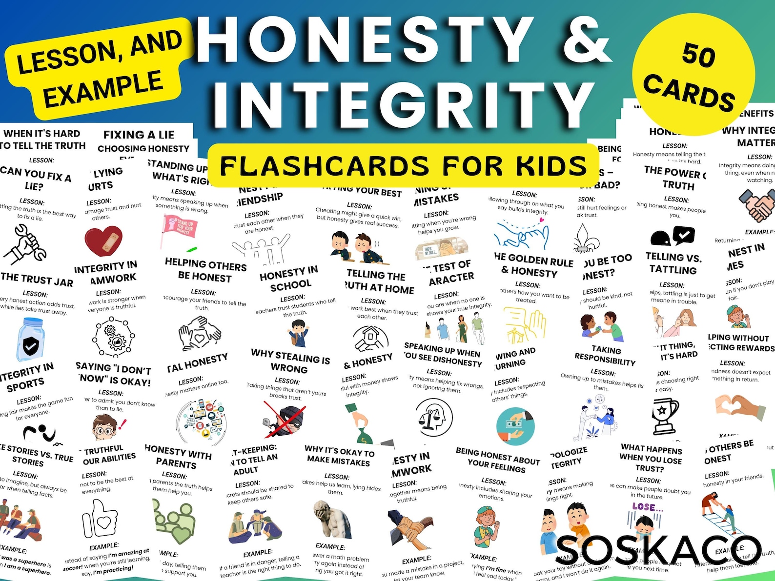 Honesty and Integrity Flashcards for Kids, Montessori Cards, Printable ...