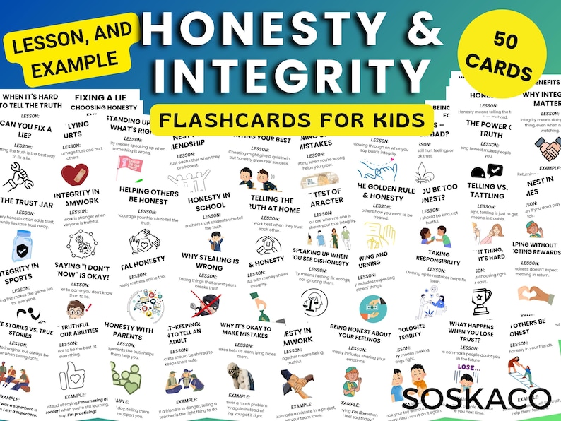 Honesty and Integrity Flashcards for Kids, Truthfulness, Responsibility ...