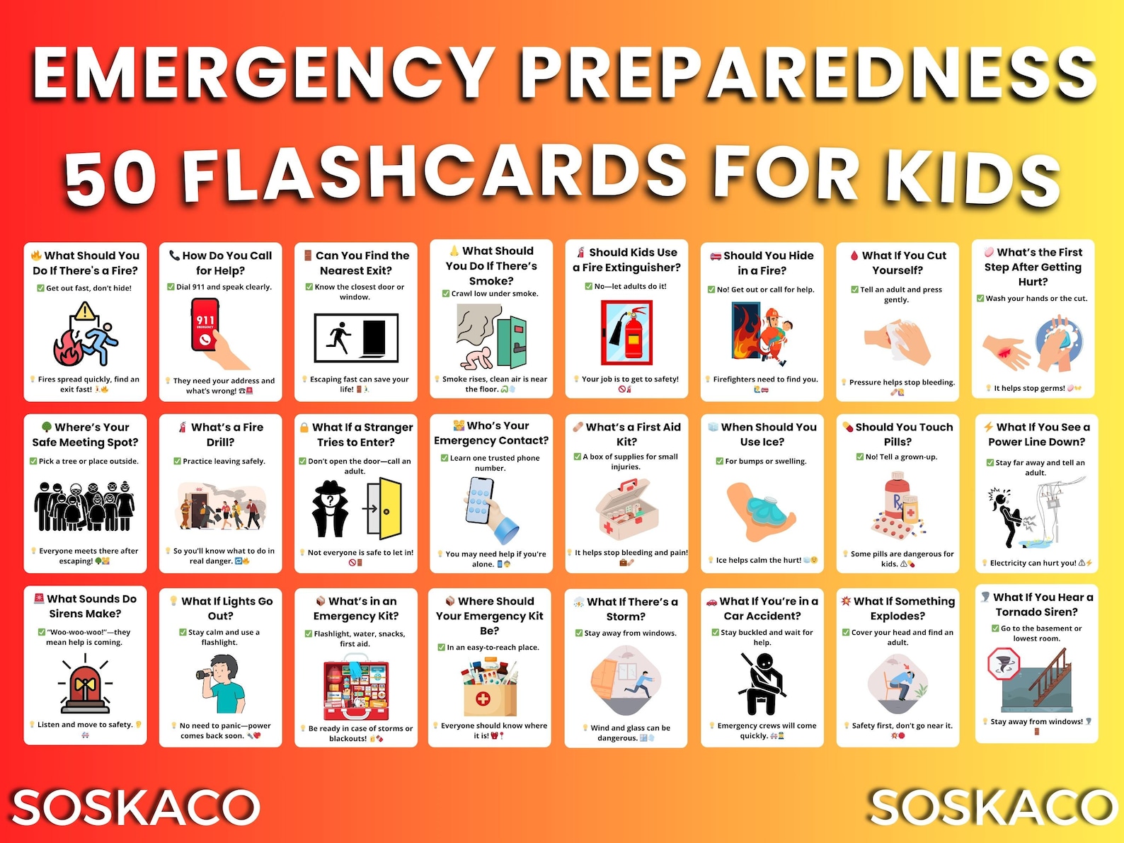 Emergency Preparedness Flashcards for Kids, Safety Skills Learning ...