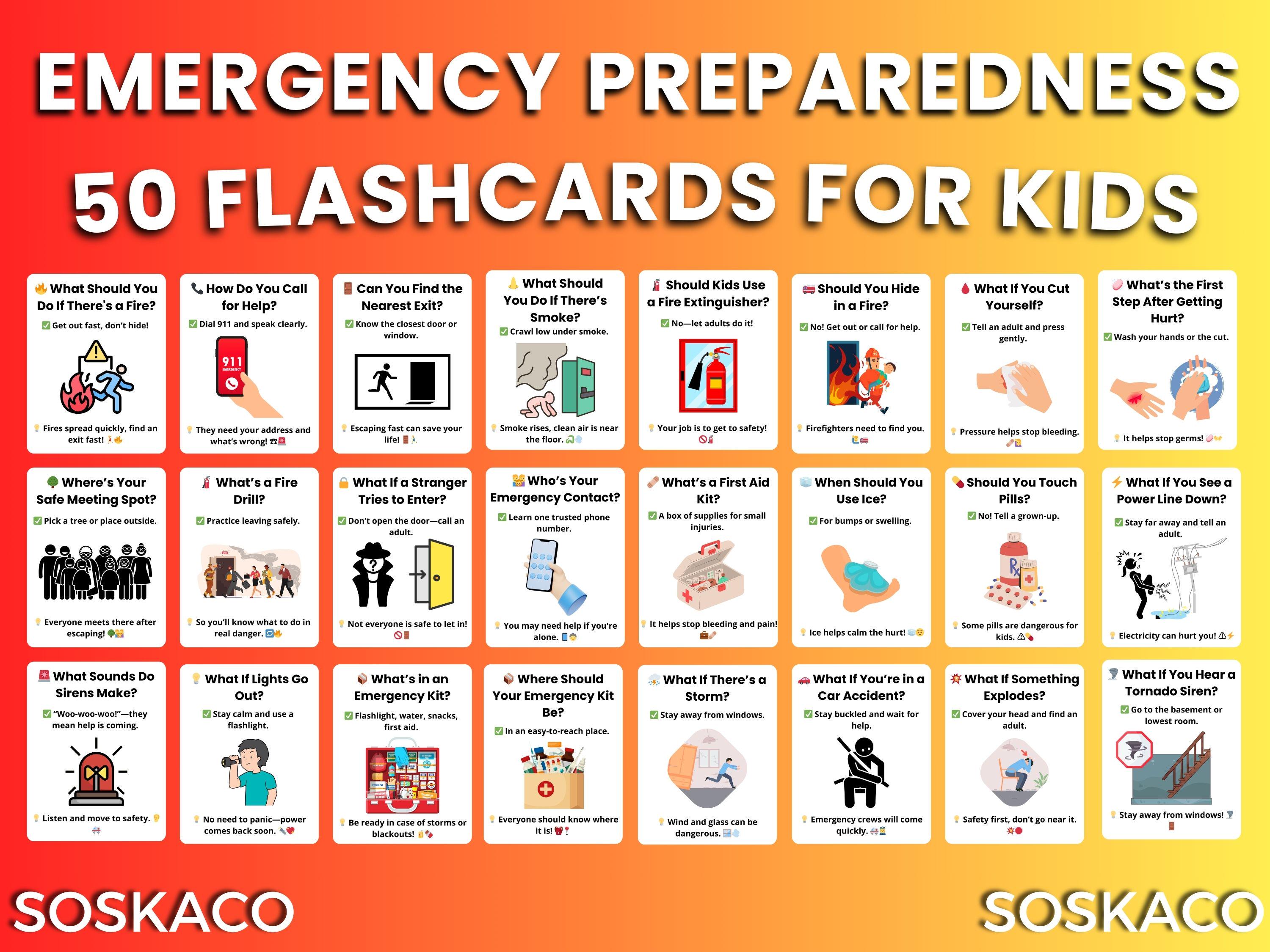 Emergency Preparedness Flashcards for Kids, Safety Skills, First Aid ...