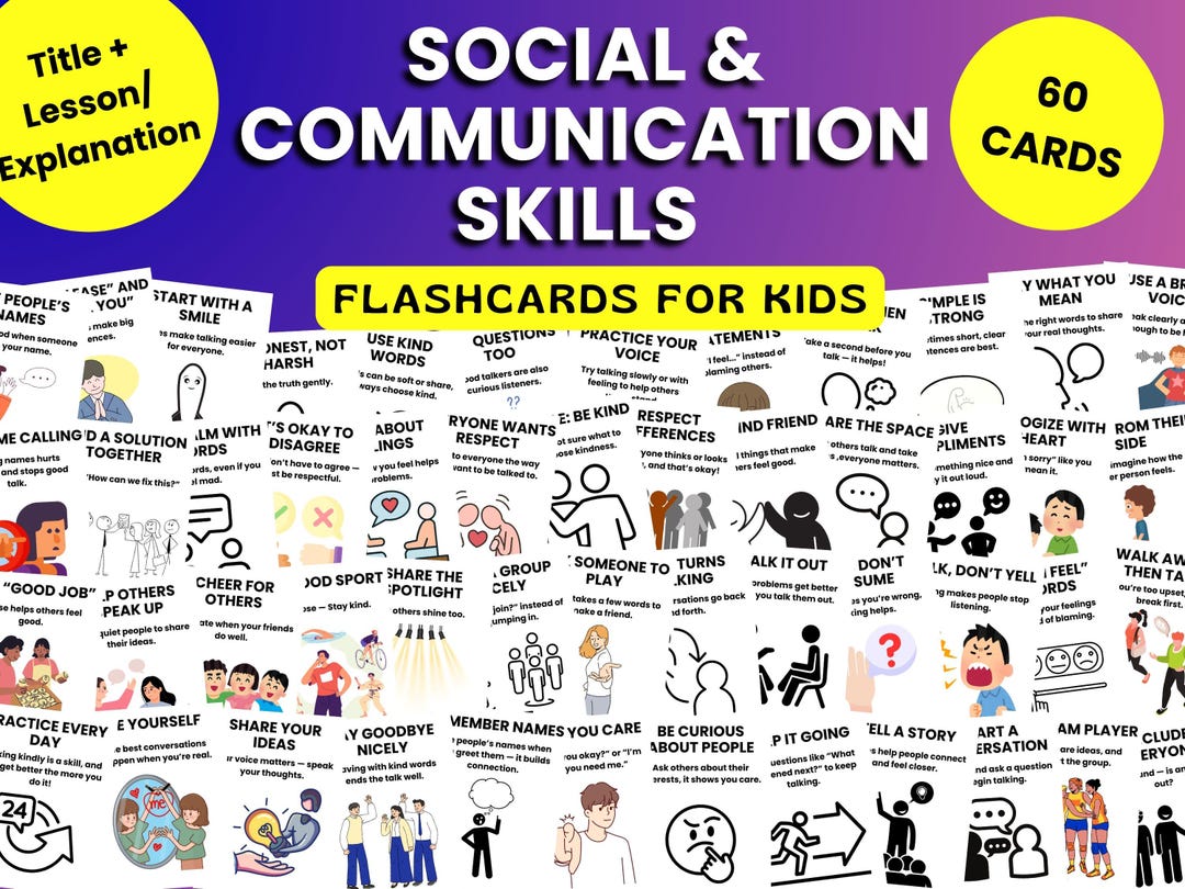 Social Skills Cards for Kids, 60 SEL Flashcards to Teach Communication ...
