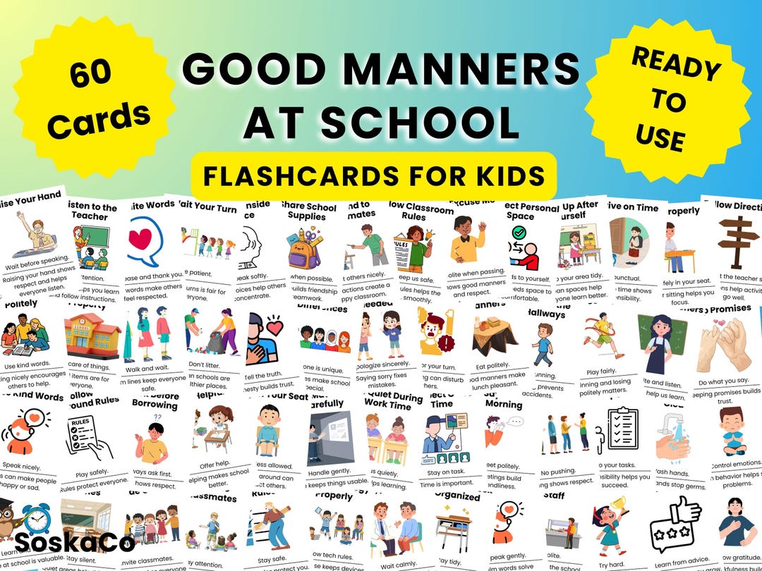Good Manners School Flashcards for Kids, Classroom Behavior Rules ...