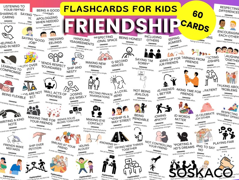 Friendship Flashcards for Kids, Social Skills, Positive Relationships ...