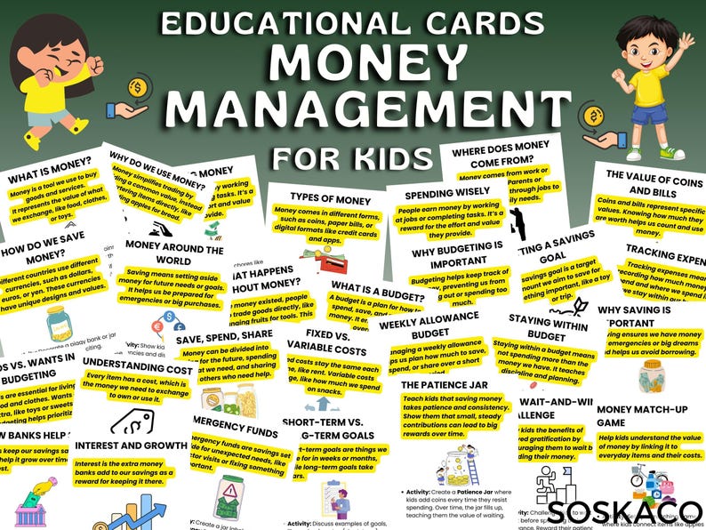 Money Management Flashcards for Kids, Budgeting, Saving, Financial ...