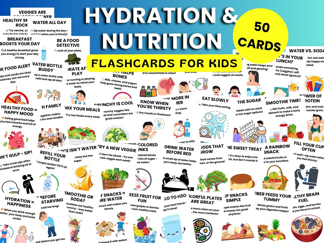 Hydration and Nutrition Flashcards for Kids, Healthy Eating Habits ...
