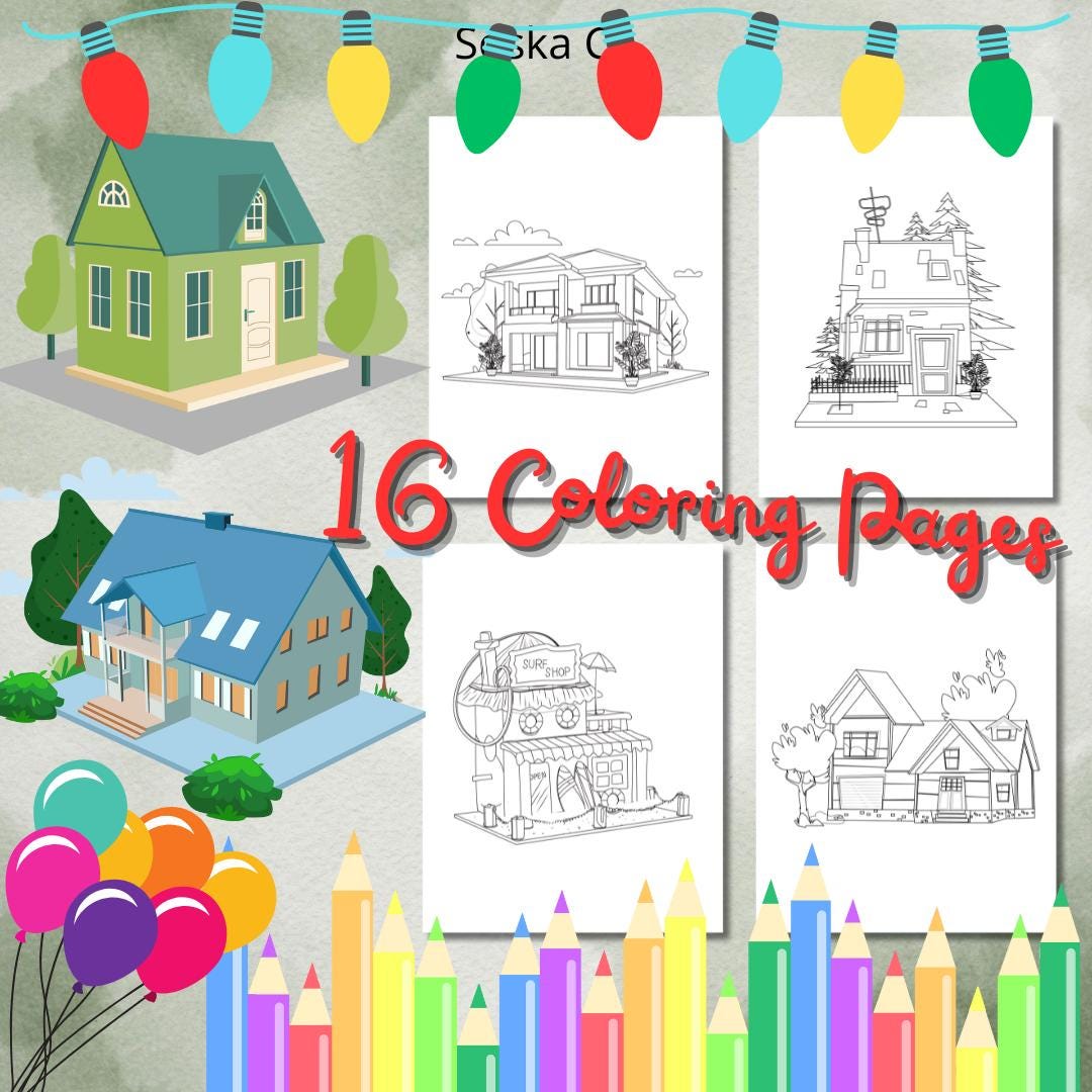 Printable Coloring Pages With Houses, 16 Page Coloring Book, Cute ...