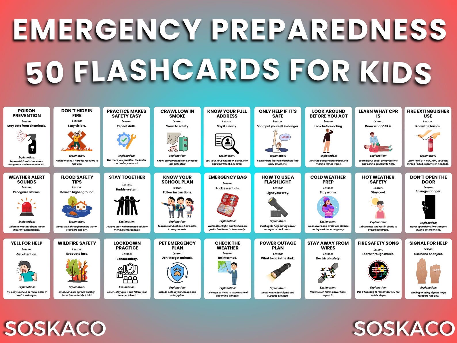 Emergency Preparedness Flashcards for Kids, First Aid, Homeschool ...