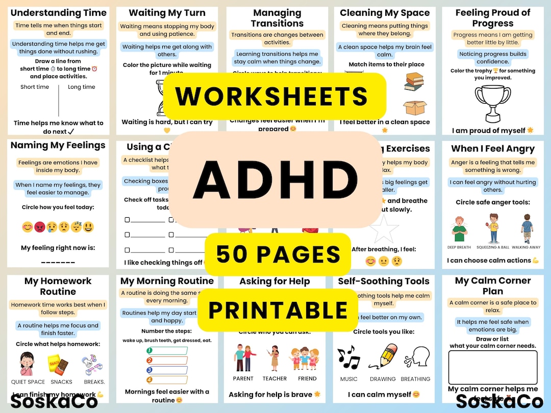 ADHD Worksheets for Kids, Focus Activities, Emotional Regulation ...
