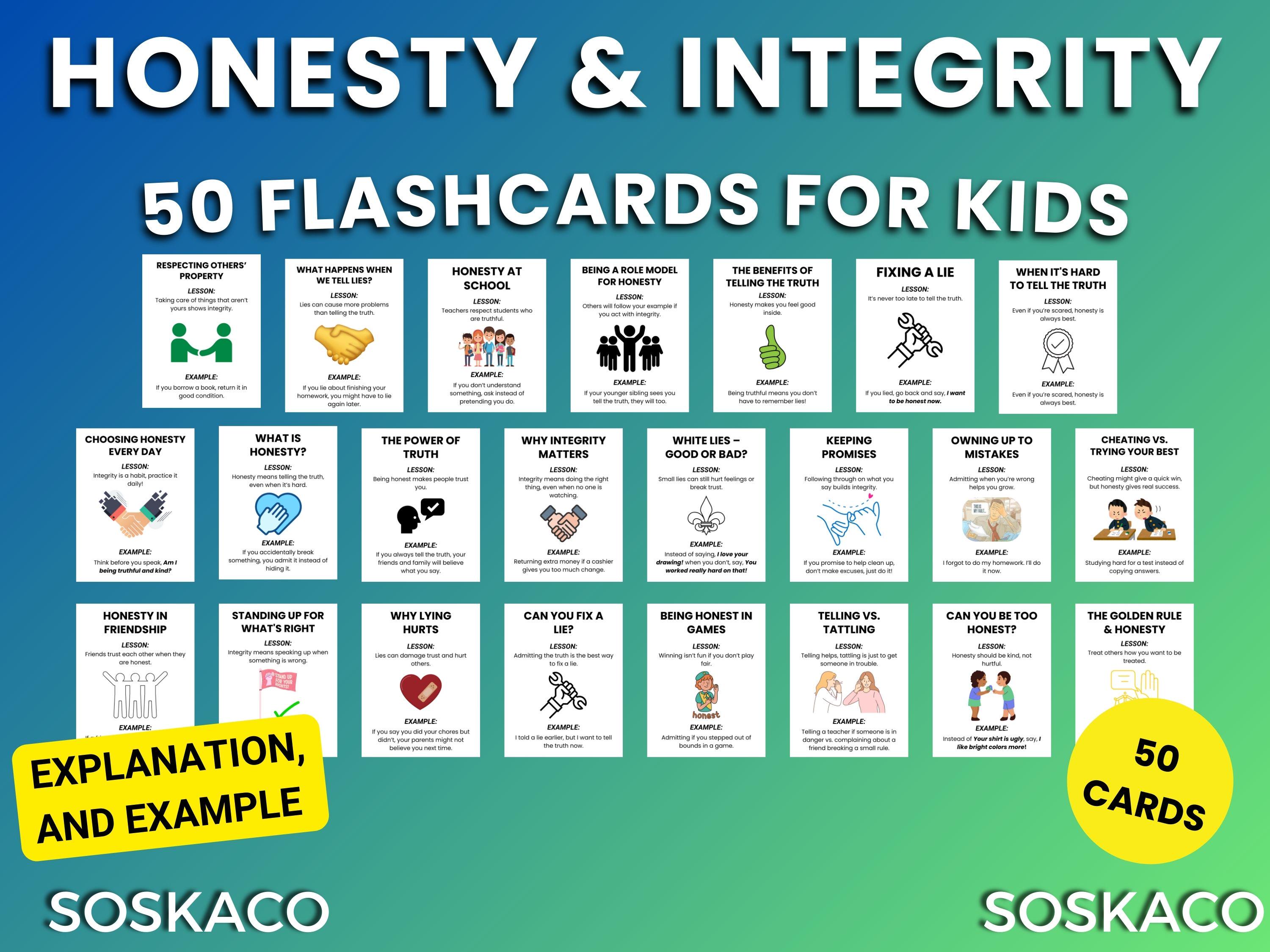 Honesty and Integrity Flashcards for Kids, Teach Truthfulness, Response ...
