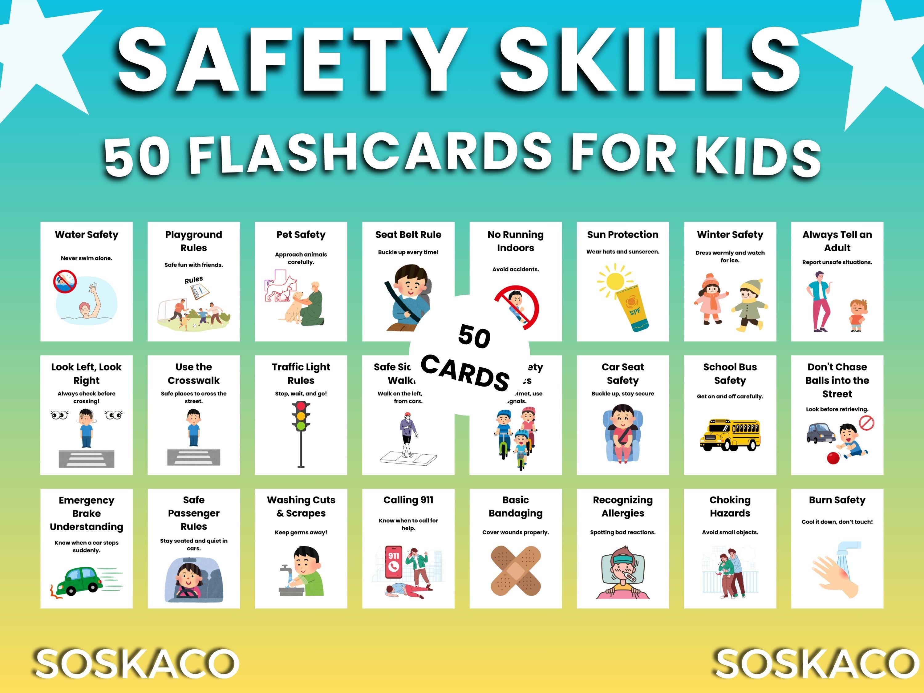 Safety Skills Flashcards for Kids, First Aid Kit, Safety Sign Emergency ...