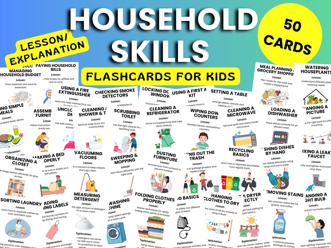 Household Skills Flashcards for Kids, Chore Chart, Life Skills Learning ...
