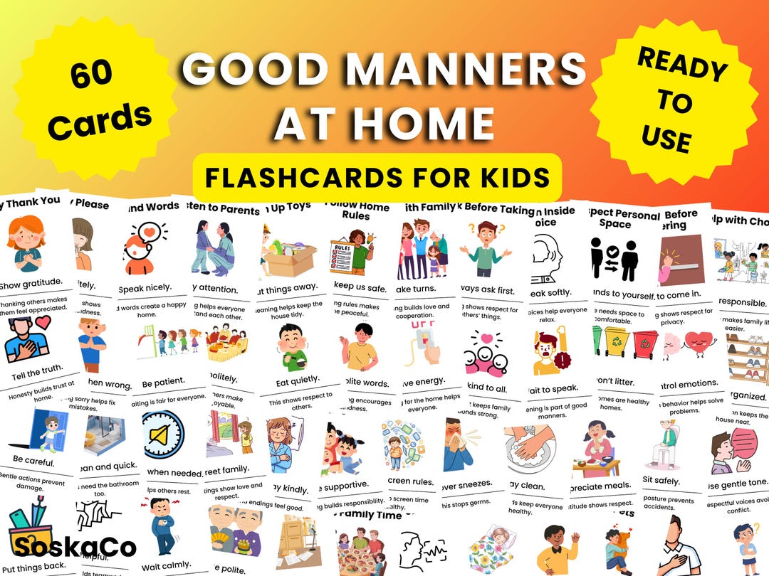 Good Manners at Home Flashcards for Kids, Polite Habits, Positive ...
