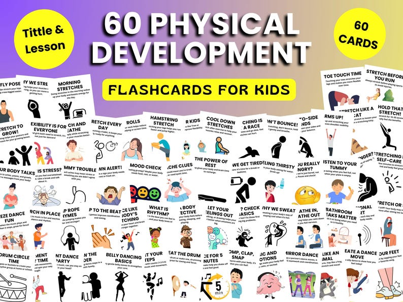 Physical Development Flashcards for Kids, Stretching, Body Signals ...