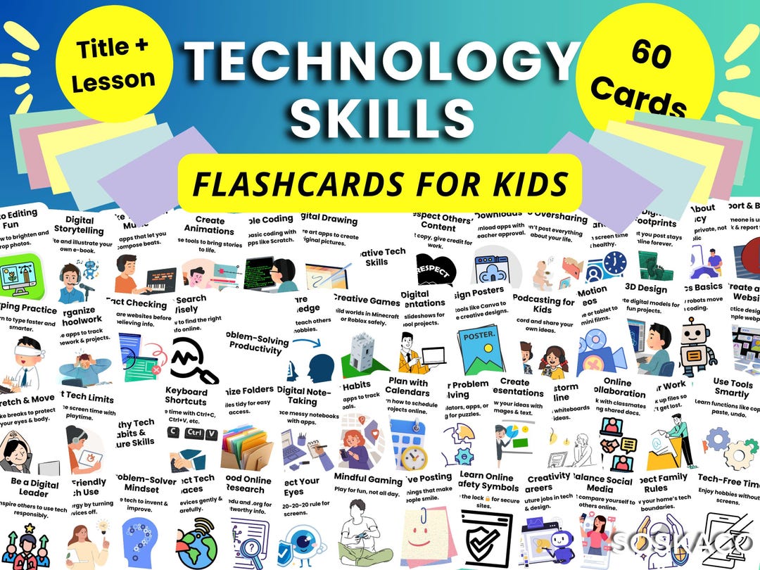 Technology Skills Flashcards for Kids, Digital Literacy (PDF) - Etsy